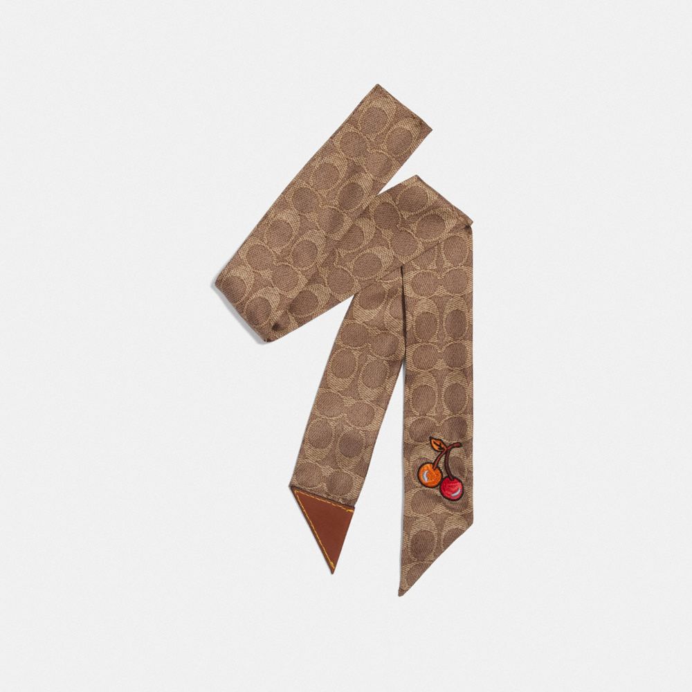 COACH® | Cherry Print Silk Skinny Scarf With Leather Tab