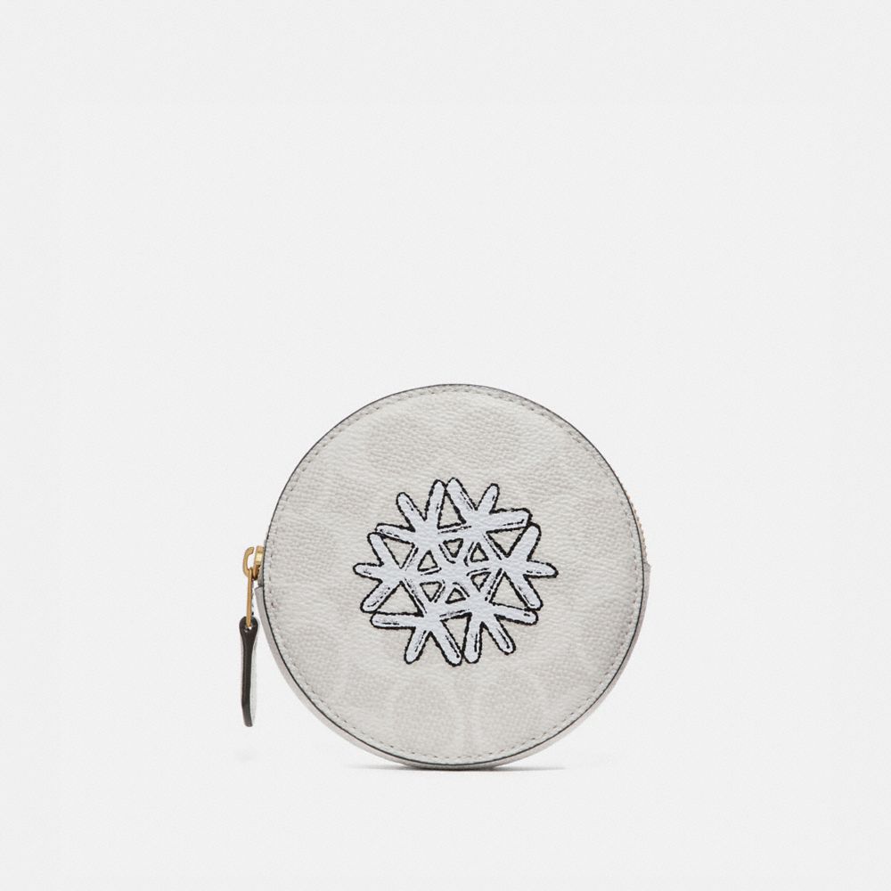 COACH® | Round Coin Case In Signature Canvas With Snowflake Motif