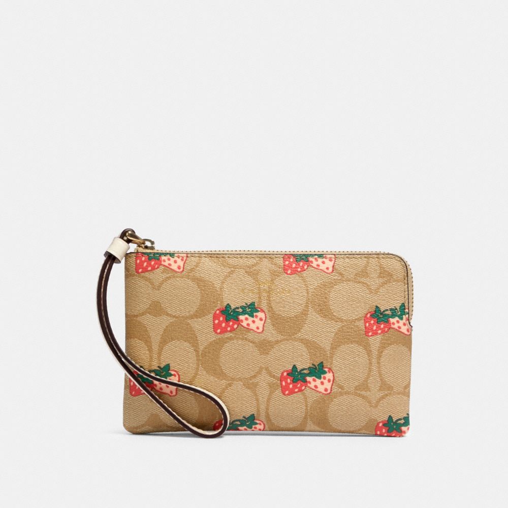 COACH® Outlet | Corner Zip Wristlet In Signature Canvas With Strawberry ...