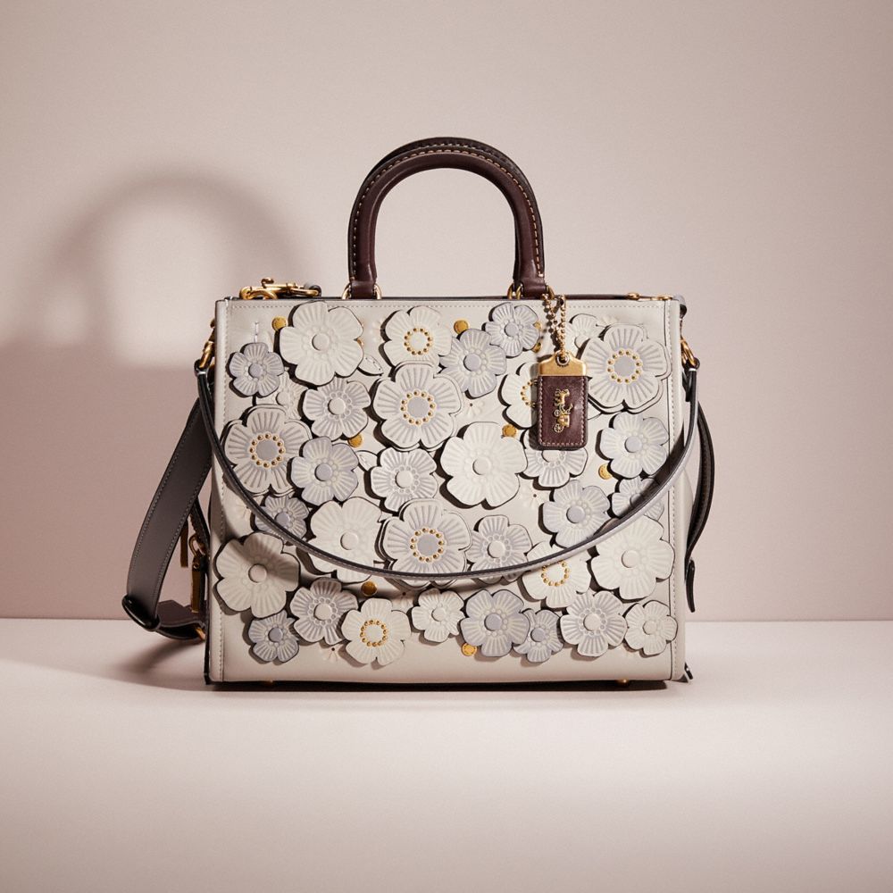 Coach Restored Rogue In Colorblock With Tea Rose Applique In Brass/dove ...